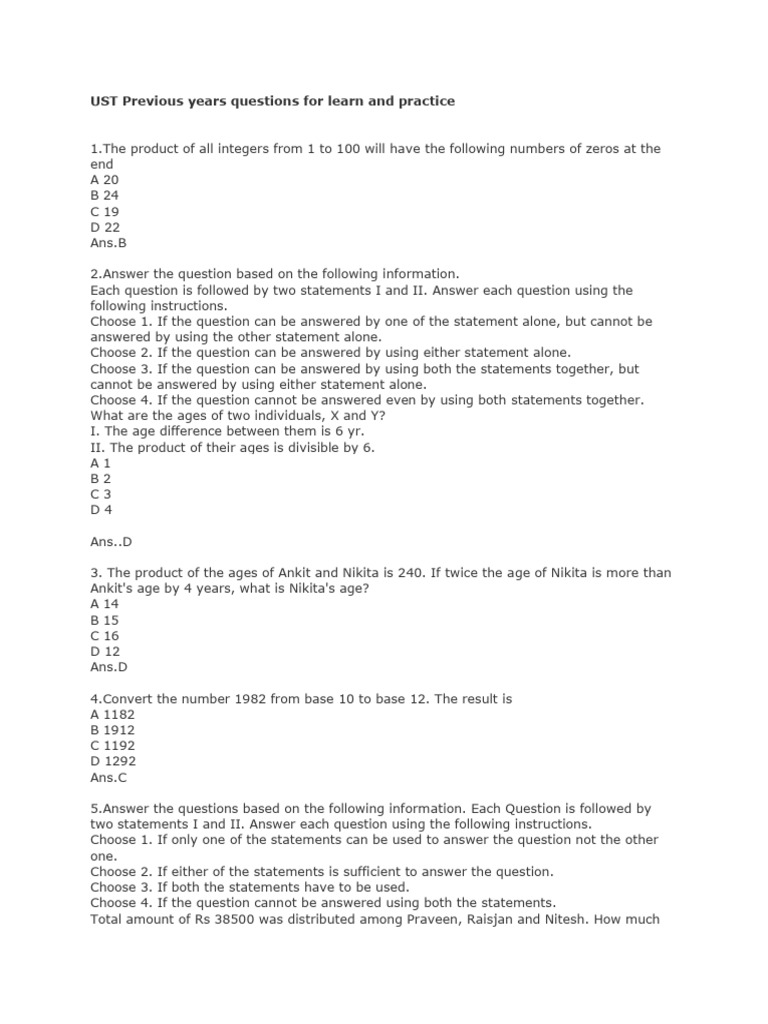 UST Previous Year Question Papers | PDF | Question