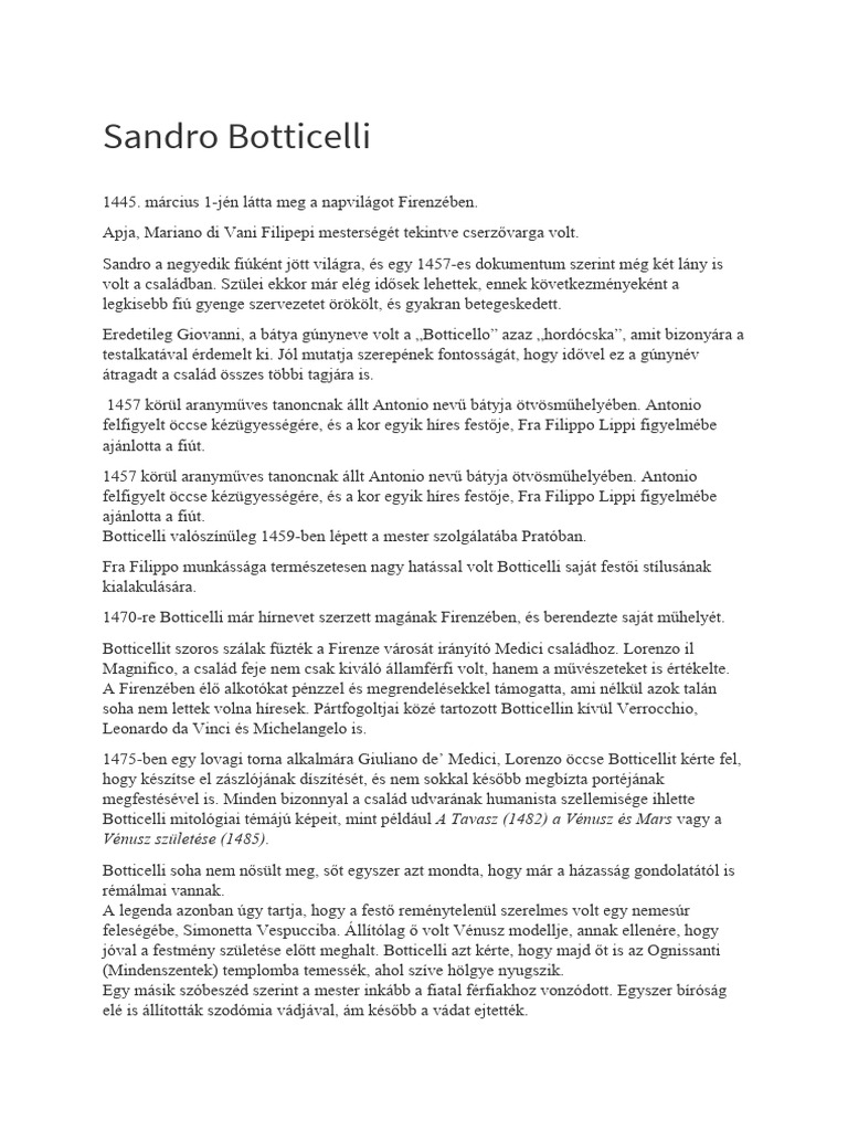 Sandro Botticelli: Vénusz Születése (1485) | PDF