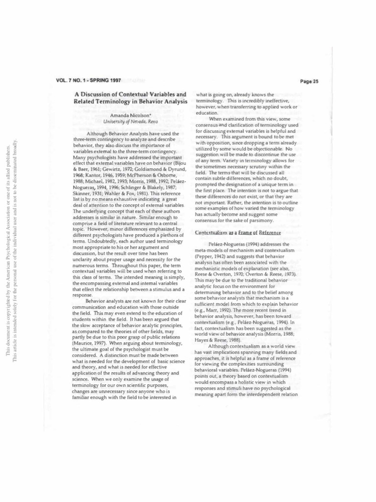 Amanda Nicolson - A Discussion of Contextual Variables and Related Terminology in Behavior ...