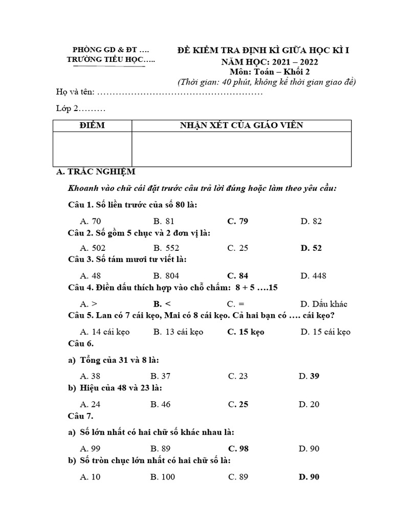 De Thi Giua Ki 1 Lop 2 Mon Toan Nam 2021 2022 Sach Ket Noi Tri Thuc | PDF