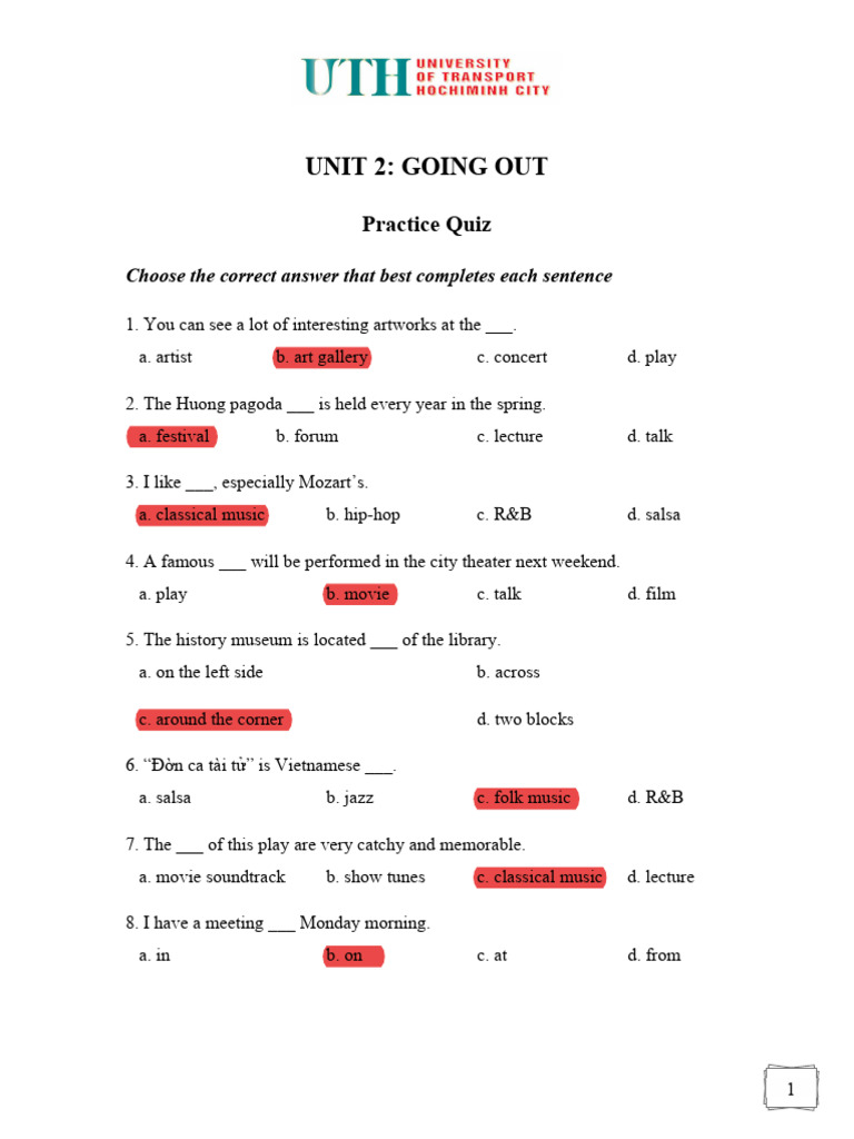 B2.2 - Unit 2 - Practice Quiz | PDF | Entertainment | Performing Arts
