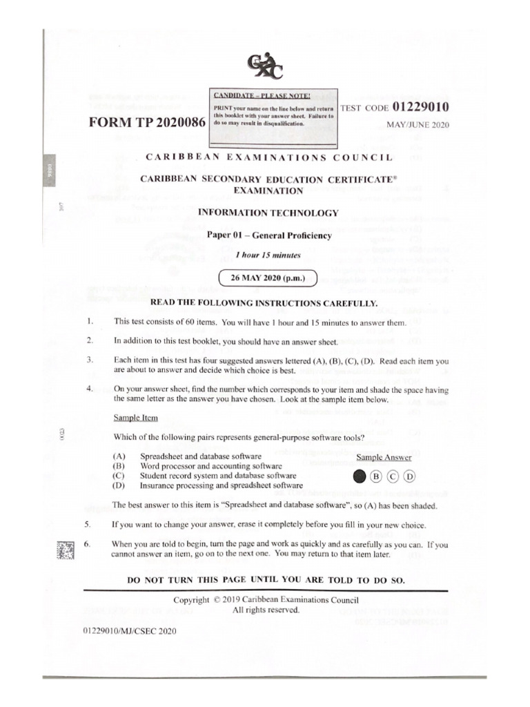 I.T. - CSEC - MayJune - 2020 - Paper - 1 - Answers - Kareem Baksh | PDF