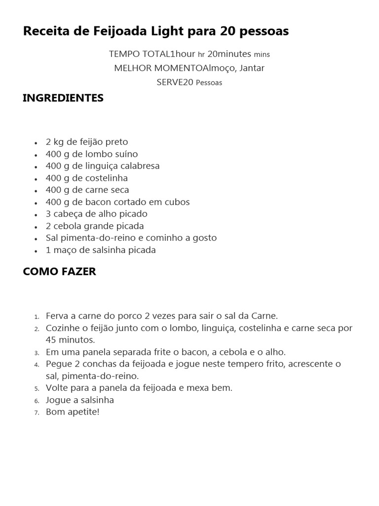 Receita de Feijoada Light para 20 Pessoas | PDF