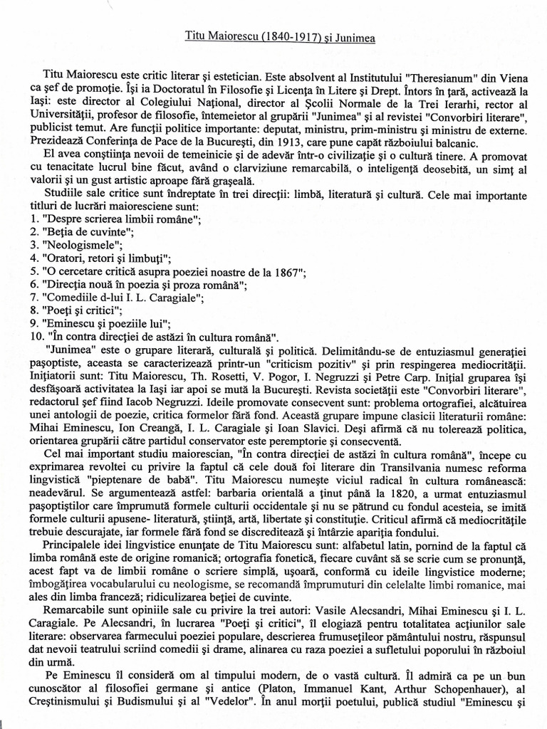 Titu Maiorescu si Junimea | PDF