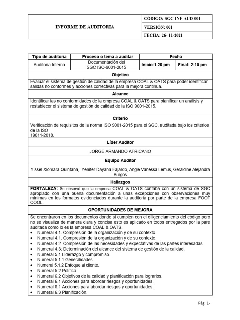 INFORME AUDITOR Jorge Africano | PDF | Auditoría | Sistema de manejo de calidad