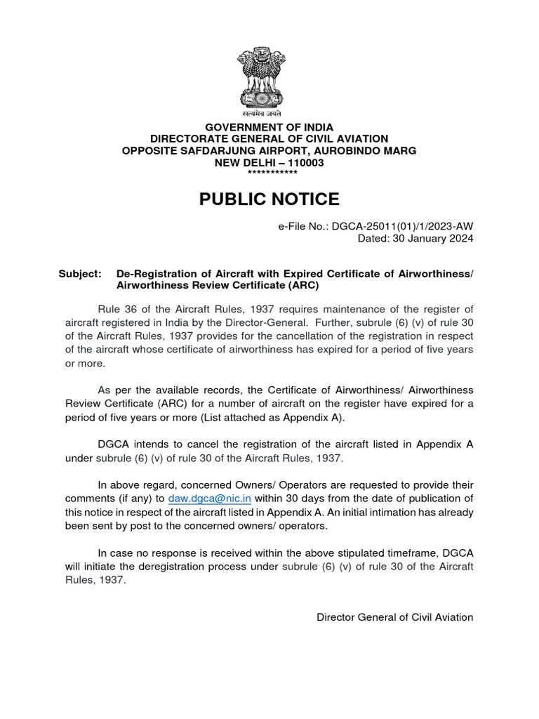 De-Registration of Aircraft With Expired Certificate of Airworthiness ...