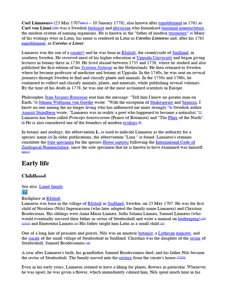 Early Life: Carl Linnaeus Carl Von Linné | PDF