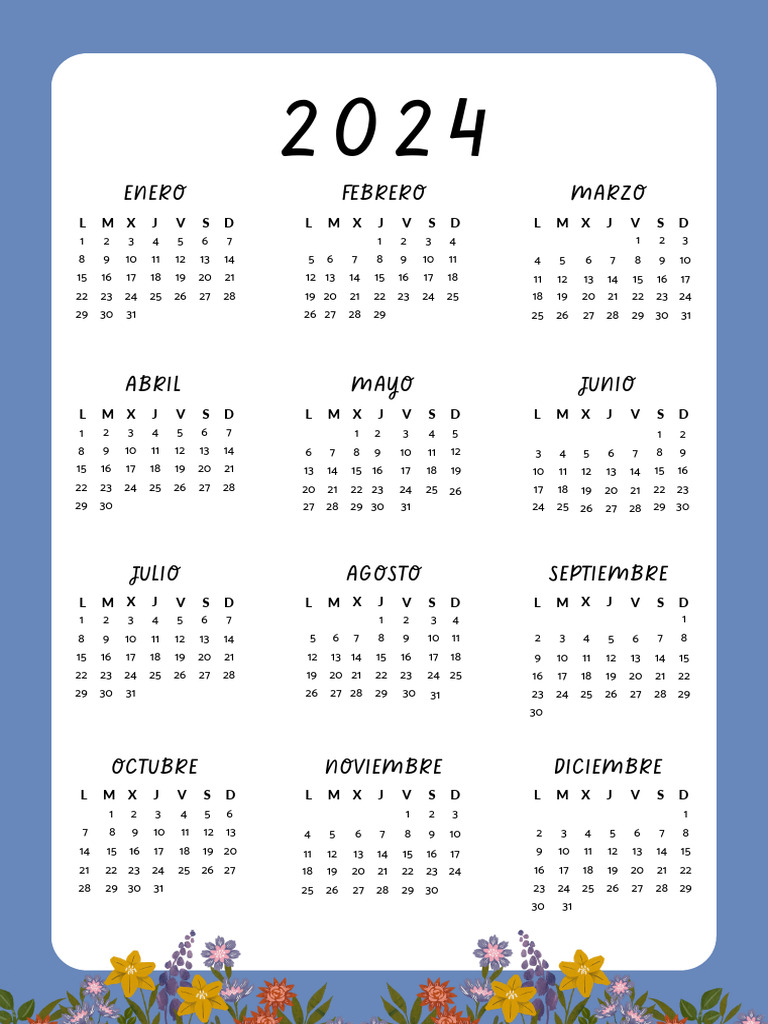 Documento A4 Calendario Anual 2024 Floral Azul | PDF