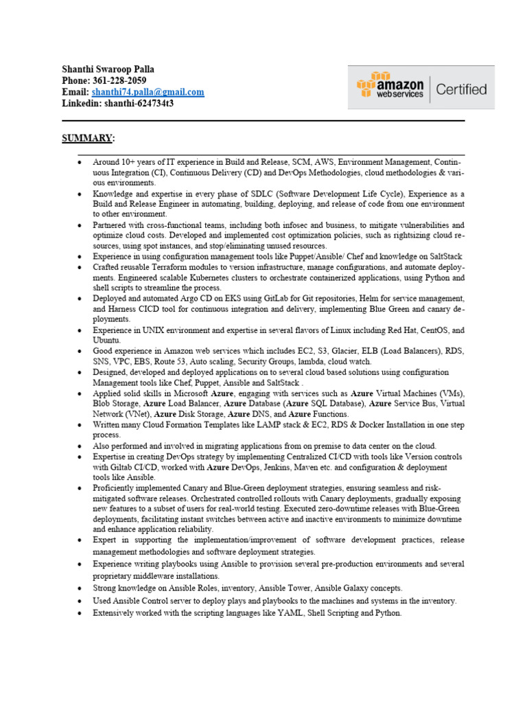 Devops EngineerSRE Shanthi Swaroop | PDF | Microsoft Azure | Cloud ...