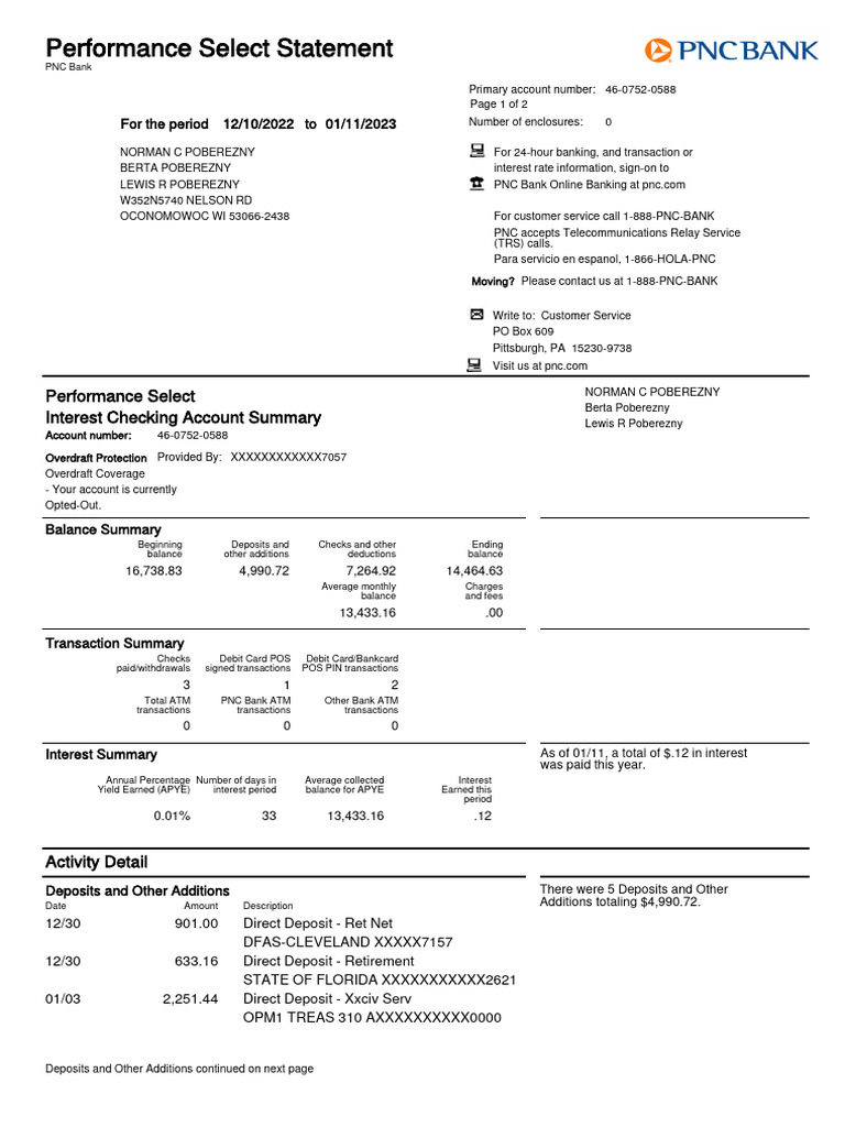 PNC Checking Acc Statement | PDF | Debit Card | Banks