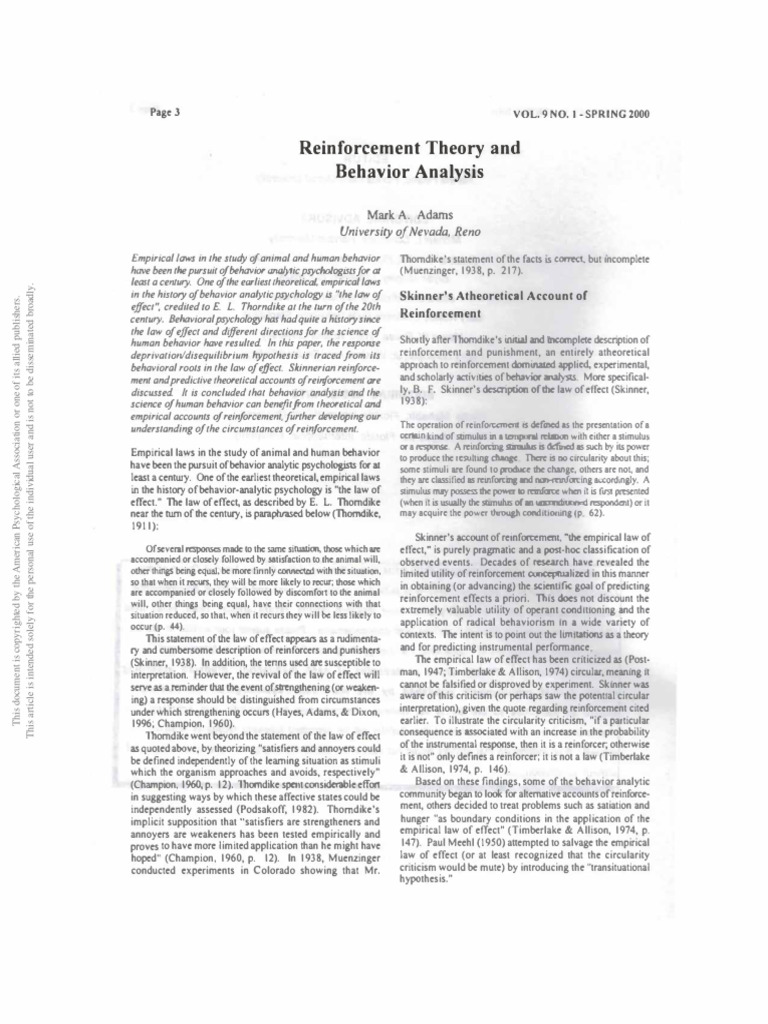 Mark Adams - Reinforcement Theory and Behavior Analysis | PDF | Reinforcement | Behaviorism