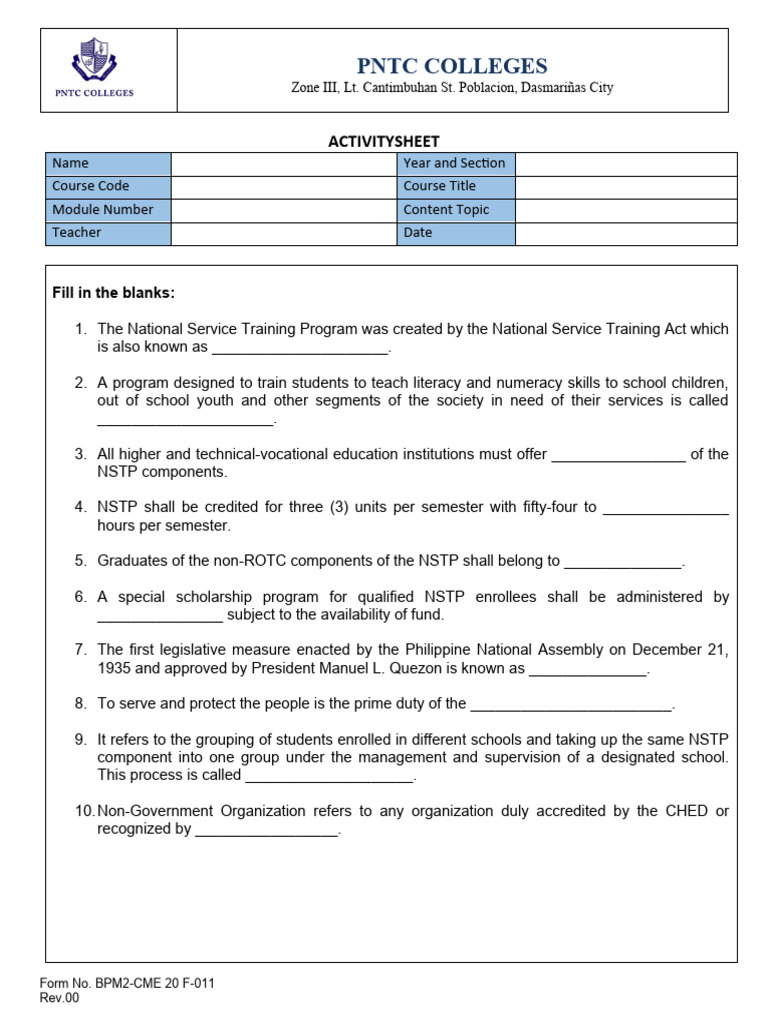 Activity and Execise Sheet 1 | PDF