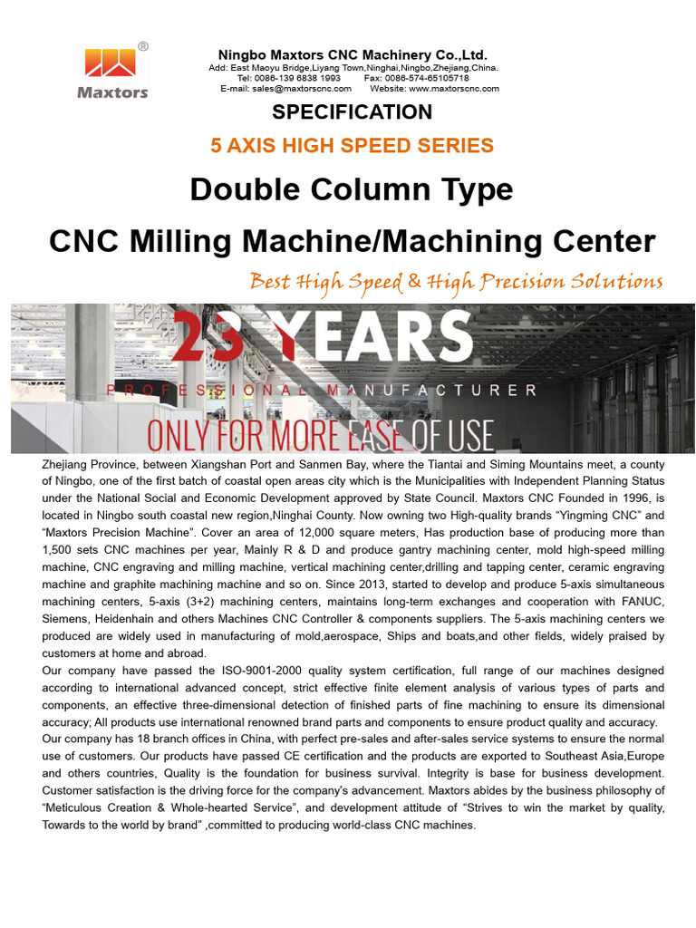 Double Column Type CNC Milling Machine/Machining Center: 5 Axis High Speed Series | Download ...