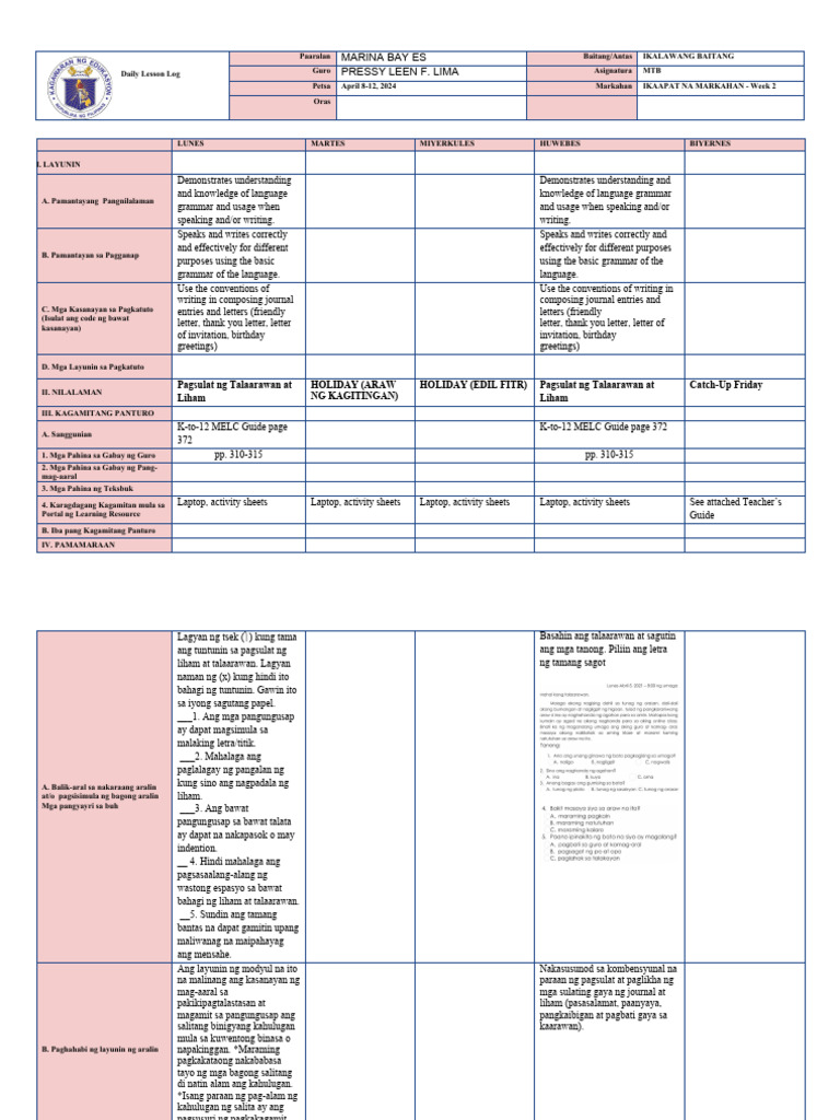 Q4-Week2-Dll-Mtb 2 | PDF