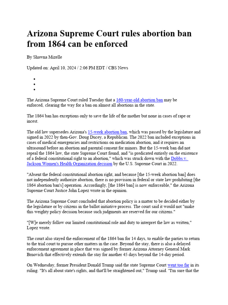 Arizona Supreme Court Rules Abortion Ban From 1864 Can Be Enforced ...