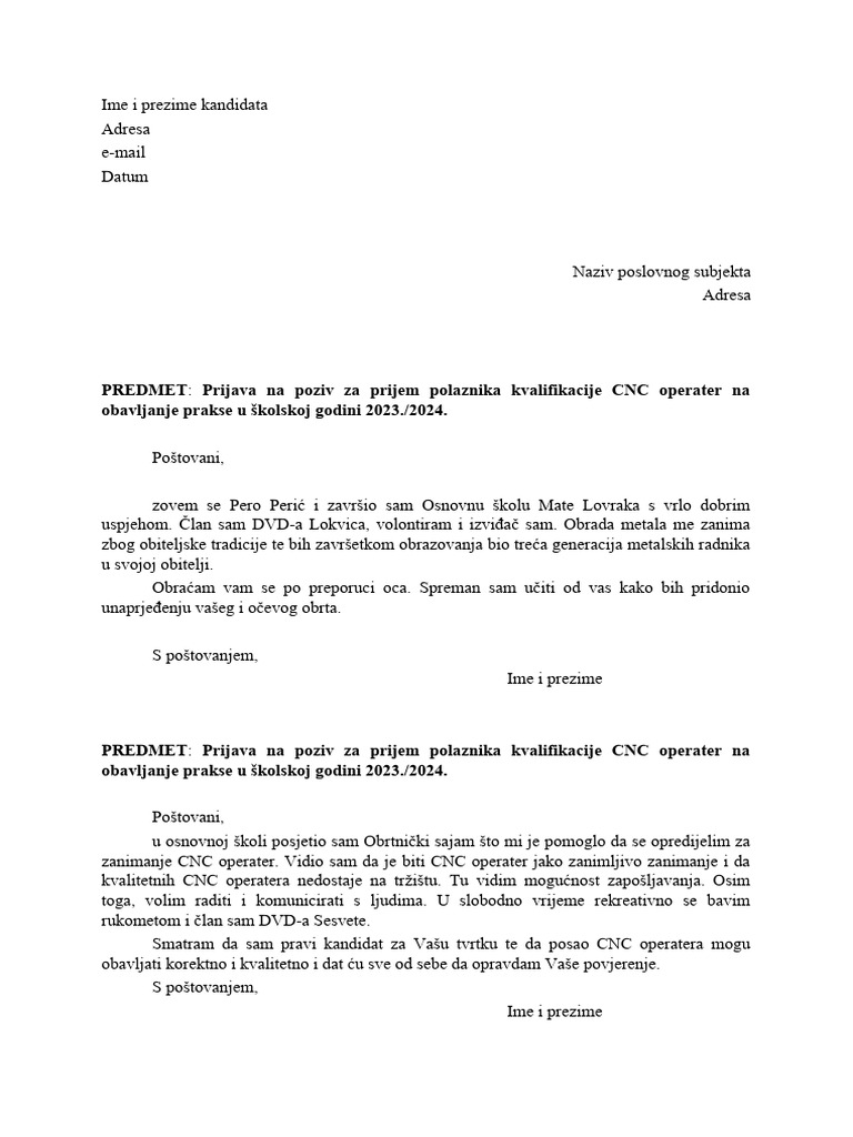 Primjeri Motivacijskih Pisama | PDF