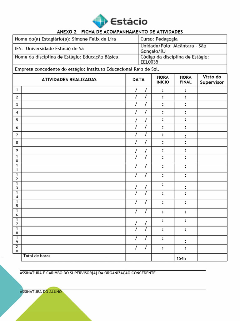Modelo - de - Fichas - de - Acompanhamento de Estagio | PDF | Aprendizado | Pedagogia