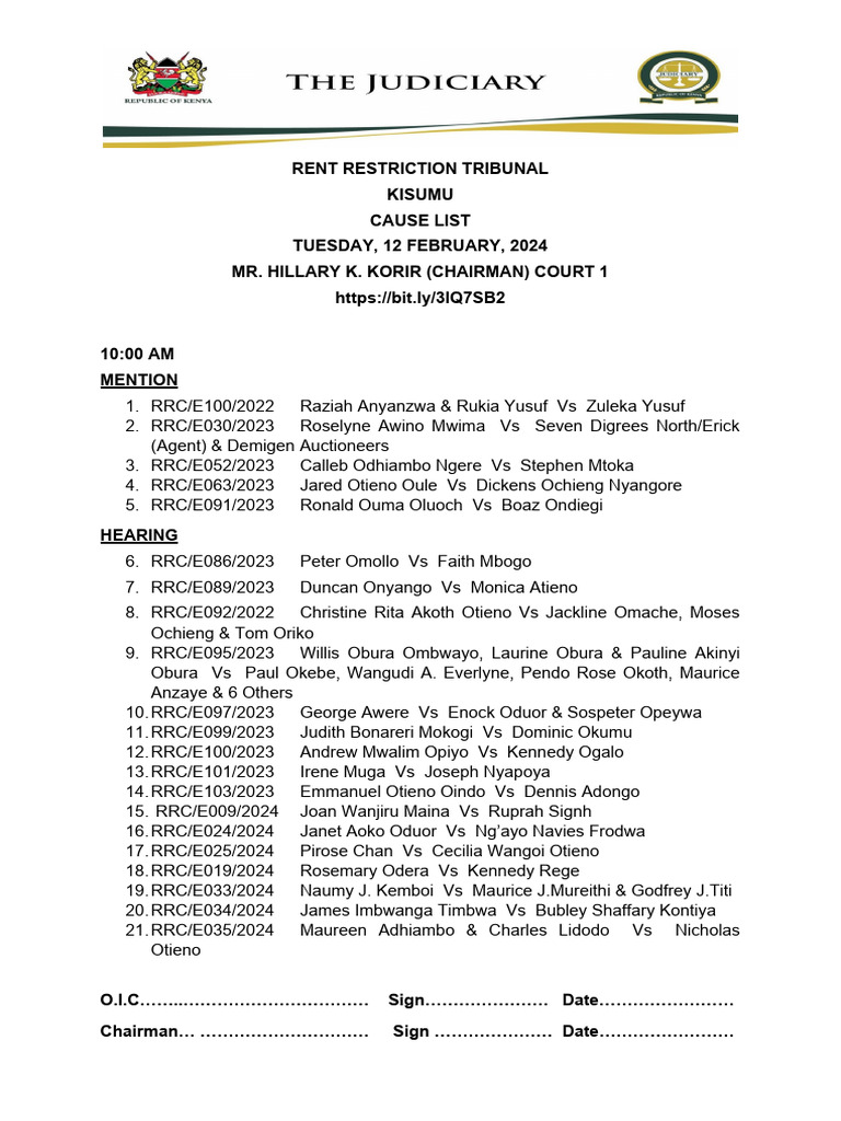 Kisumu Rent Tribunal Cause List | PDF | Law