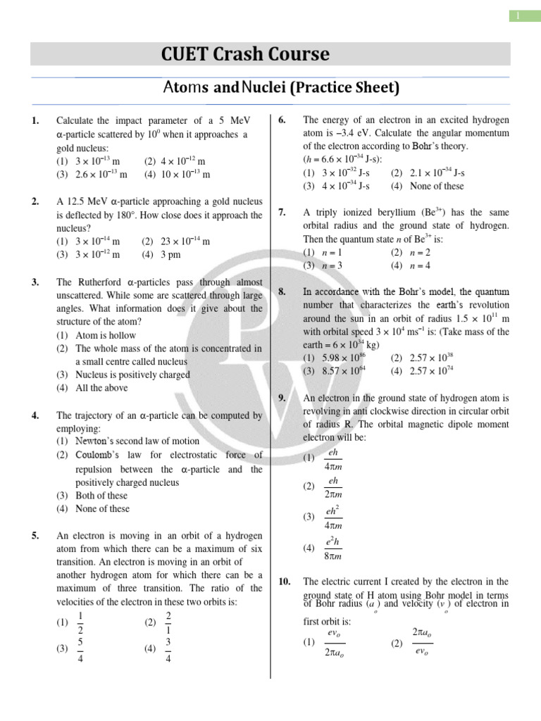 Atoms and Nuclei - Practice Sheet & Solution | PDF | Atomic Nucleus | Electron