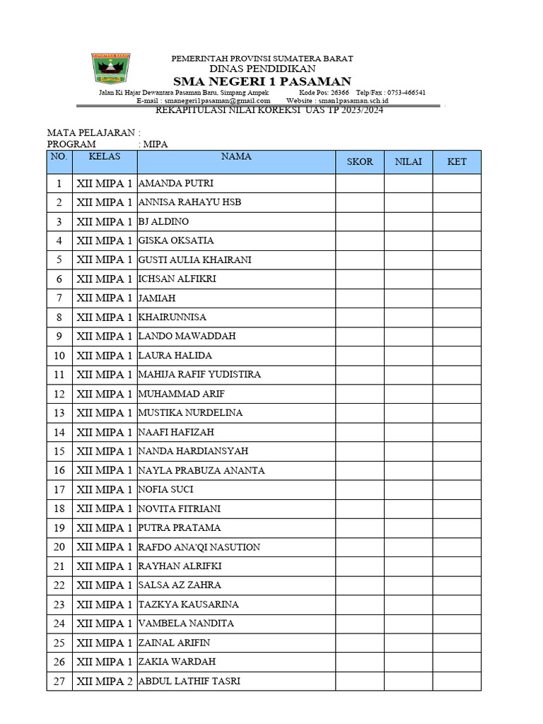 Blangko Nilai Uas | PDF