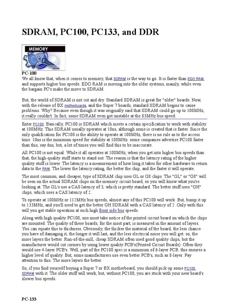 Sdram, Pc100, Pc133 and DDR | PDF | Computer Architecture | Computer Hardware