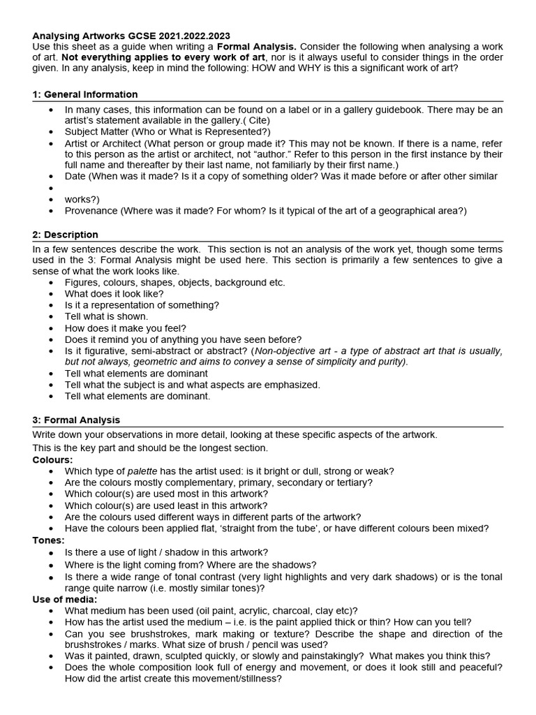 GCSE Art Formal Analysis Guide | PDF | Composition (Visual Arts) | Color