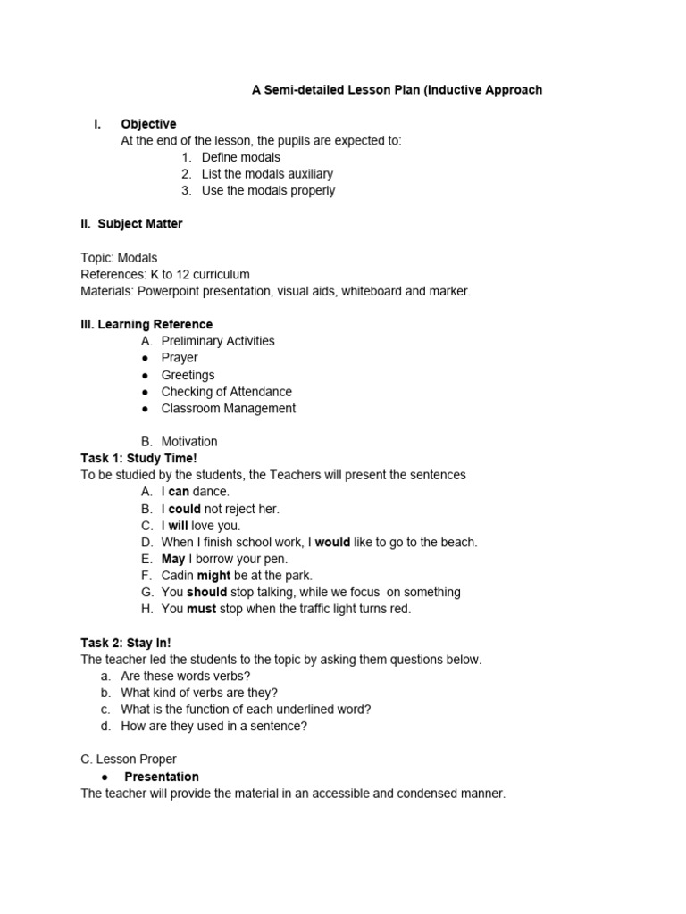 A Semi-Detailed Lesson Plan (Inductive Approach I. Objective | PDF ...