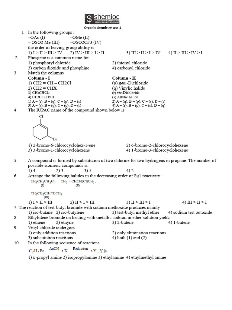 Organic Chemistry Test 1 | PDF | Ether | Chemical Reactions