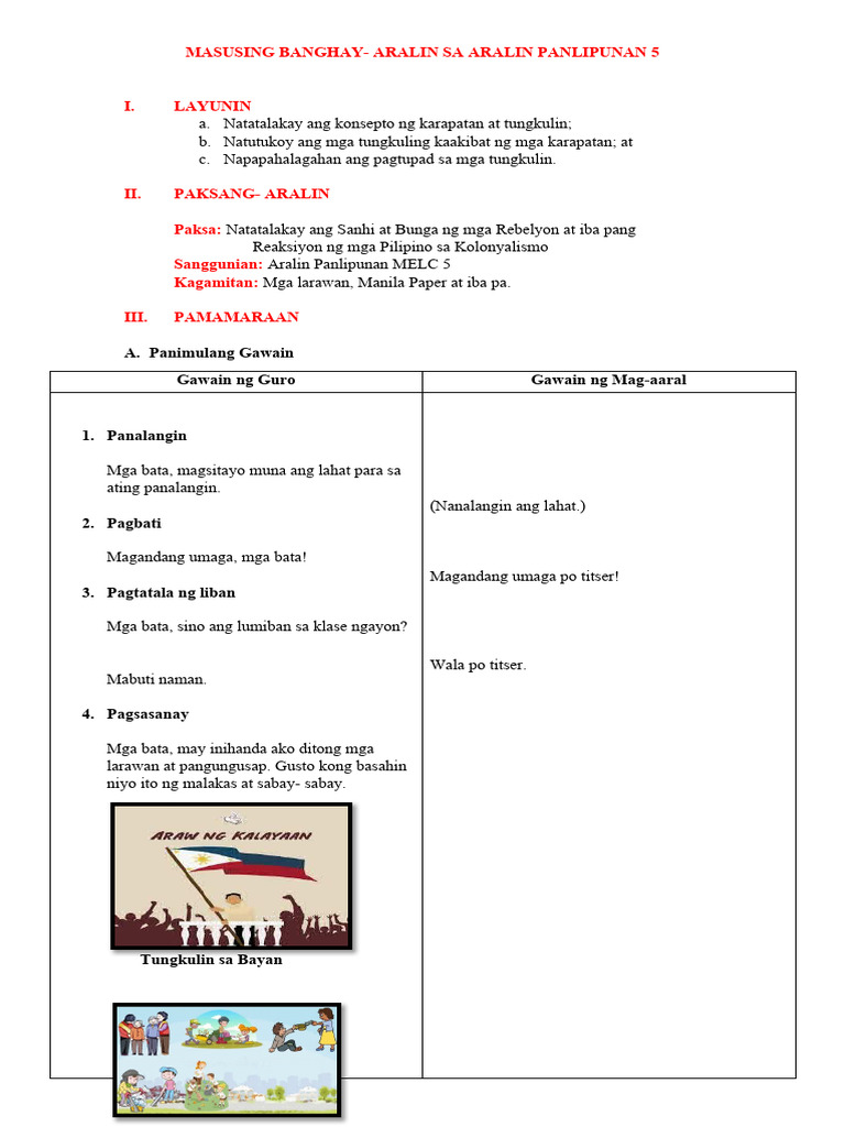 ap lesson plan grade 5 Natatalakay ang Sanhi at Bunga ng mga Rebelyon ...