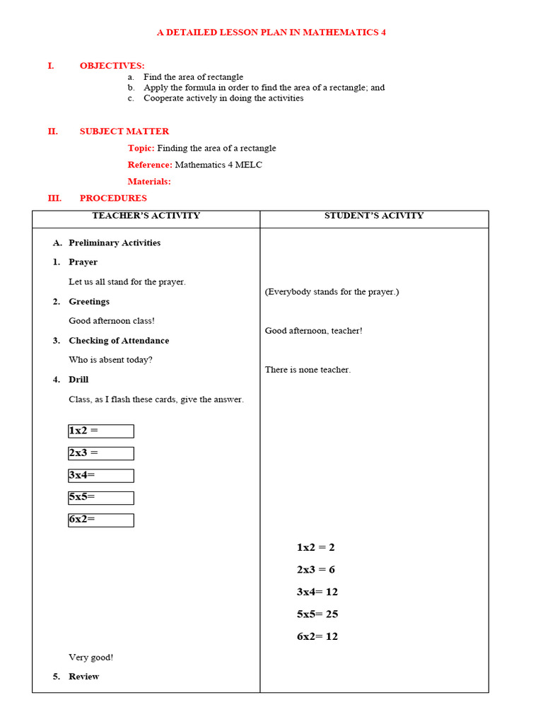 Area of Rectangle Lesson Plan | PDF | Area | Length