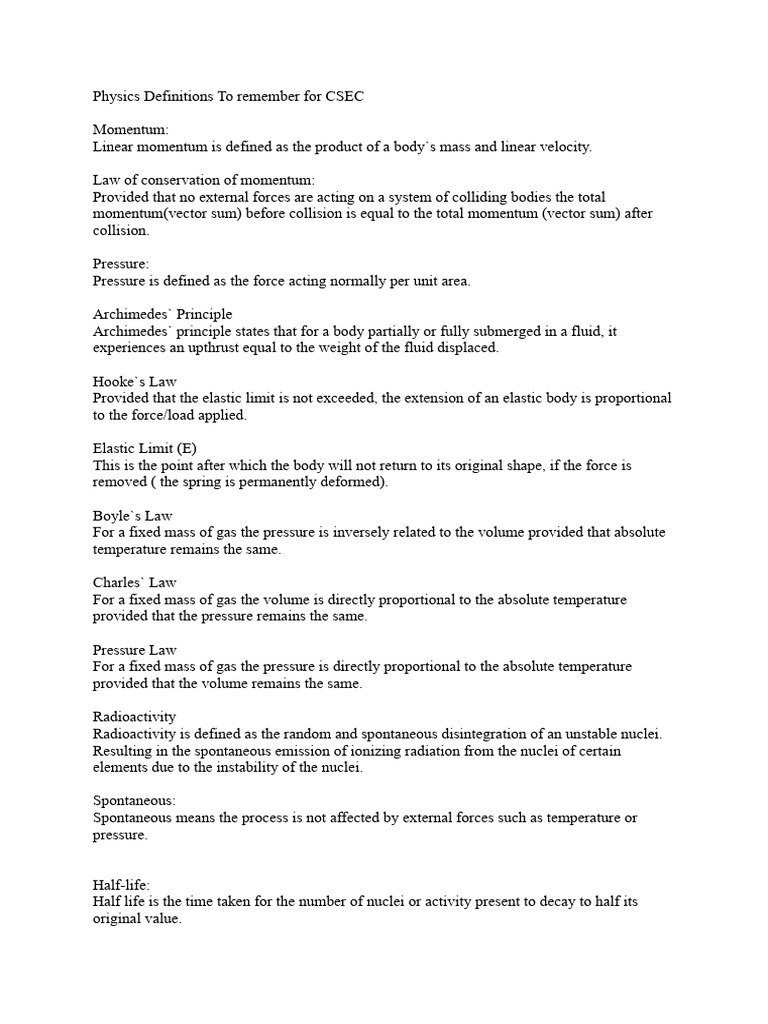 Physics Definitions To Remember For CSEC | PDF | Waves | Reflection (Physics)