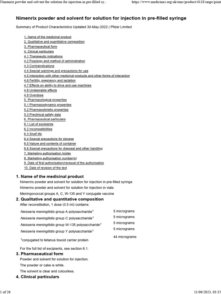 Nimenrix Vaccine Summary and Guidelines | PDF | Vaccines | Drugs