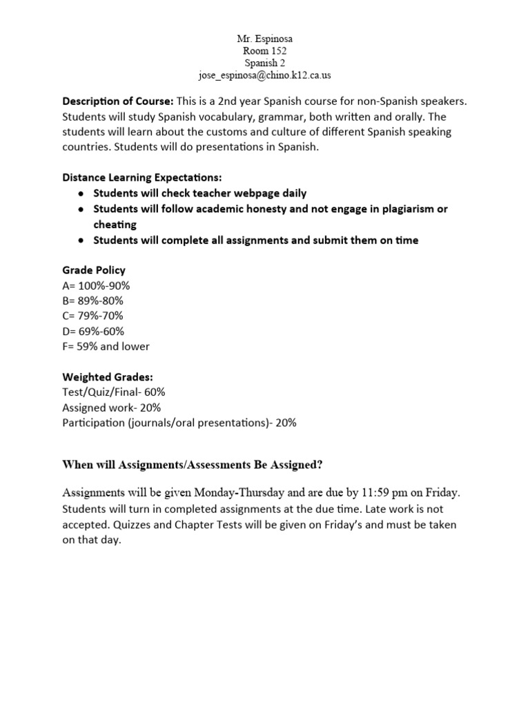 Spanish 2 Syllabus 2019-2020 Distance Learning | PDF | Human Communication