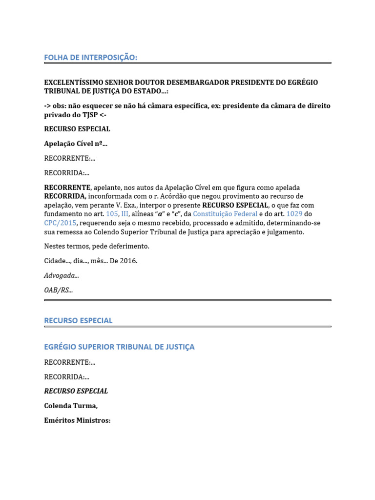 Modelo Recurso Especial Resp Art 105 III A e C CF 88 NCPC 2015 | PDF ...