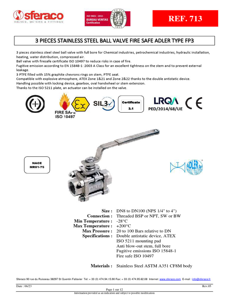 technical_datasheet_3_pieces_ball_valve_adler_fp3_stainless_steel_fire_safe | PDF | Valve ...