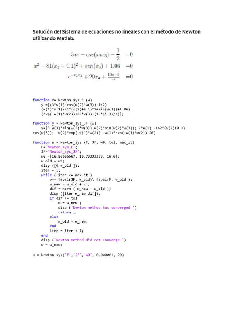 Método Newton (Varias variables) - Matlab | PDF