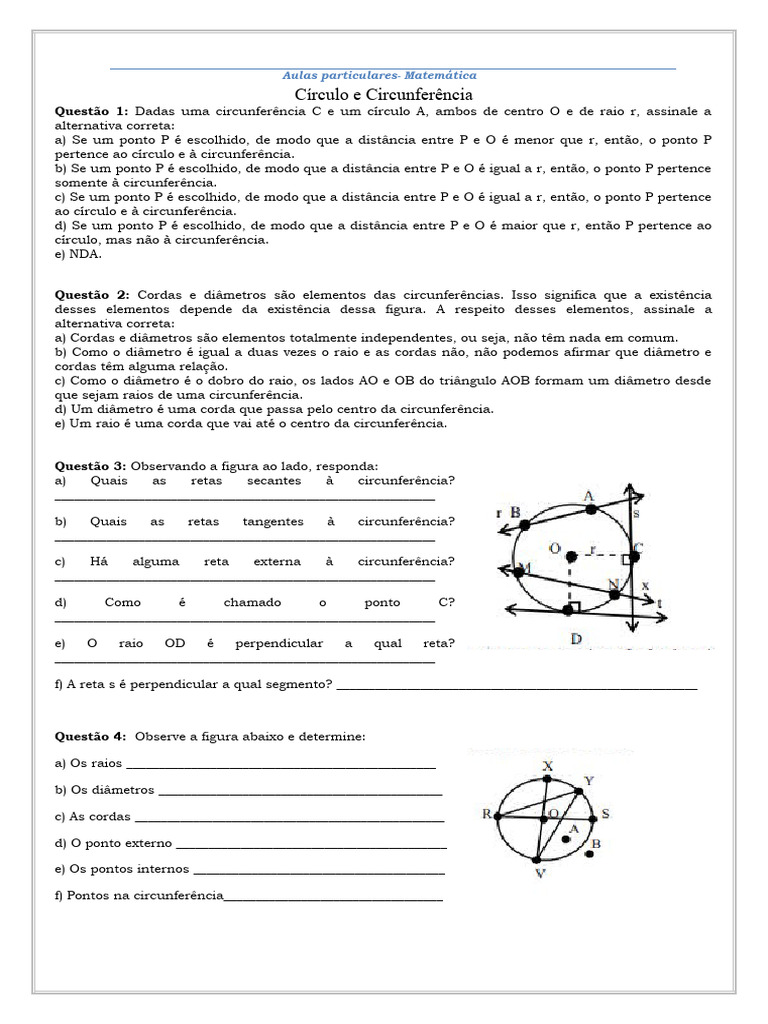 Circulo e circunferência - Atividade | PDF | Círculo | Matemática