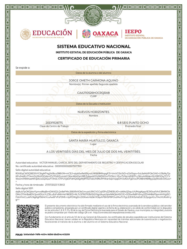 Certificado.jsp 6° B NH 2022-2023 1 | PDF | México | Educación primaria