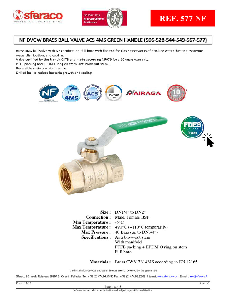 NF DVGW Brass Ball Valve Specifications | PDF | Valve