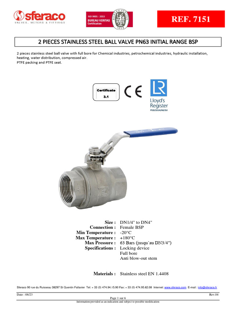 Technical Datasheet 2 Pieces Ball Valve Stainless Steel BSP Initial | PDF | Valve | Gas Technologies