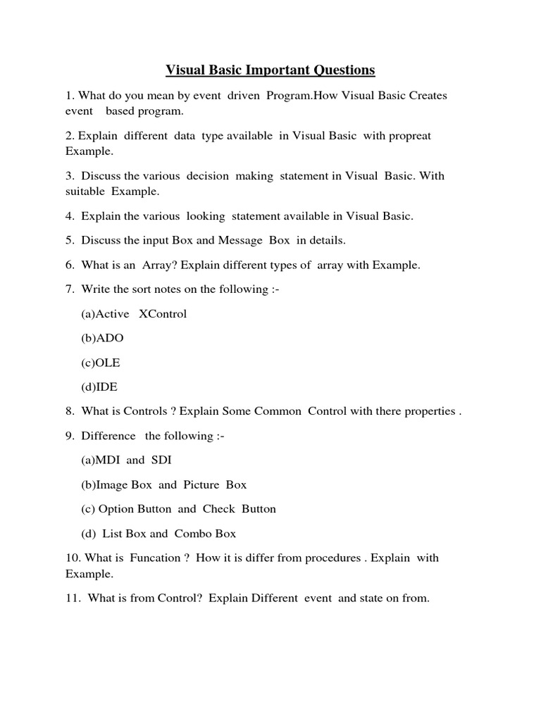 Visual Basic Important Questions | PDF