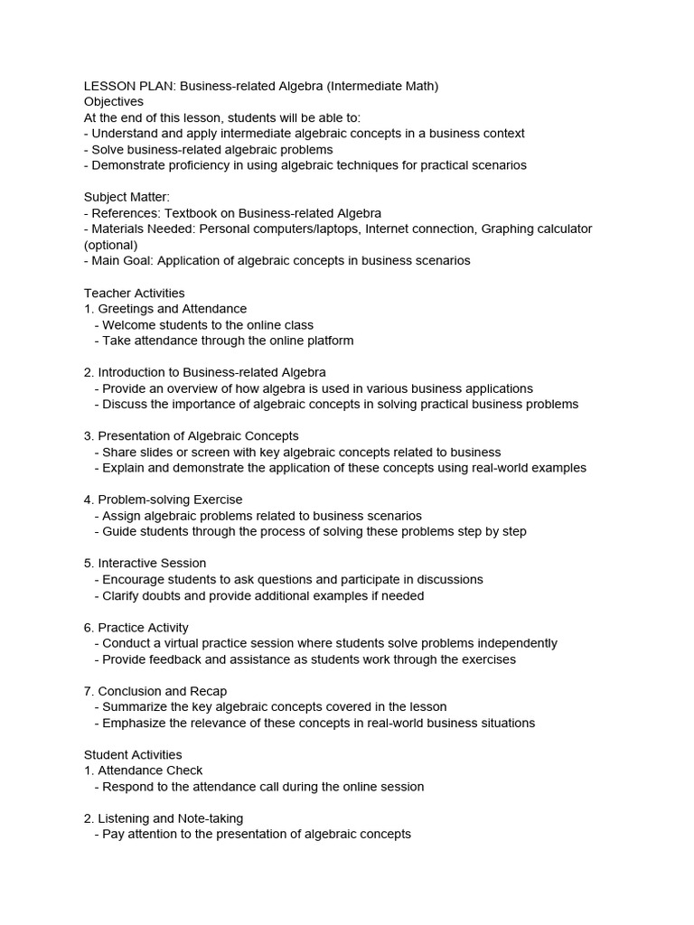 LESSON PLAN - Business Related Algebra Intermediate Math 1 | PDF ...