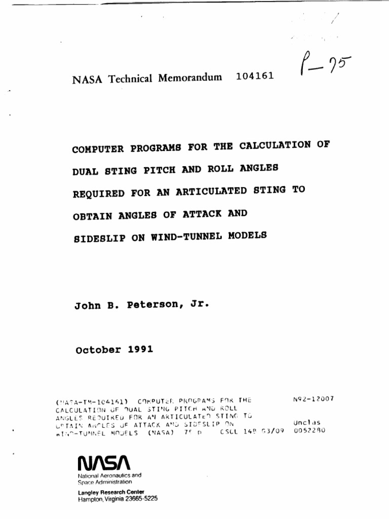 Nasa Technical Memorandum: Computer Programs FOR THE Calculation OF ...