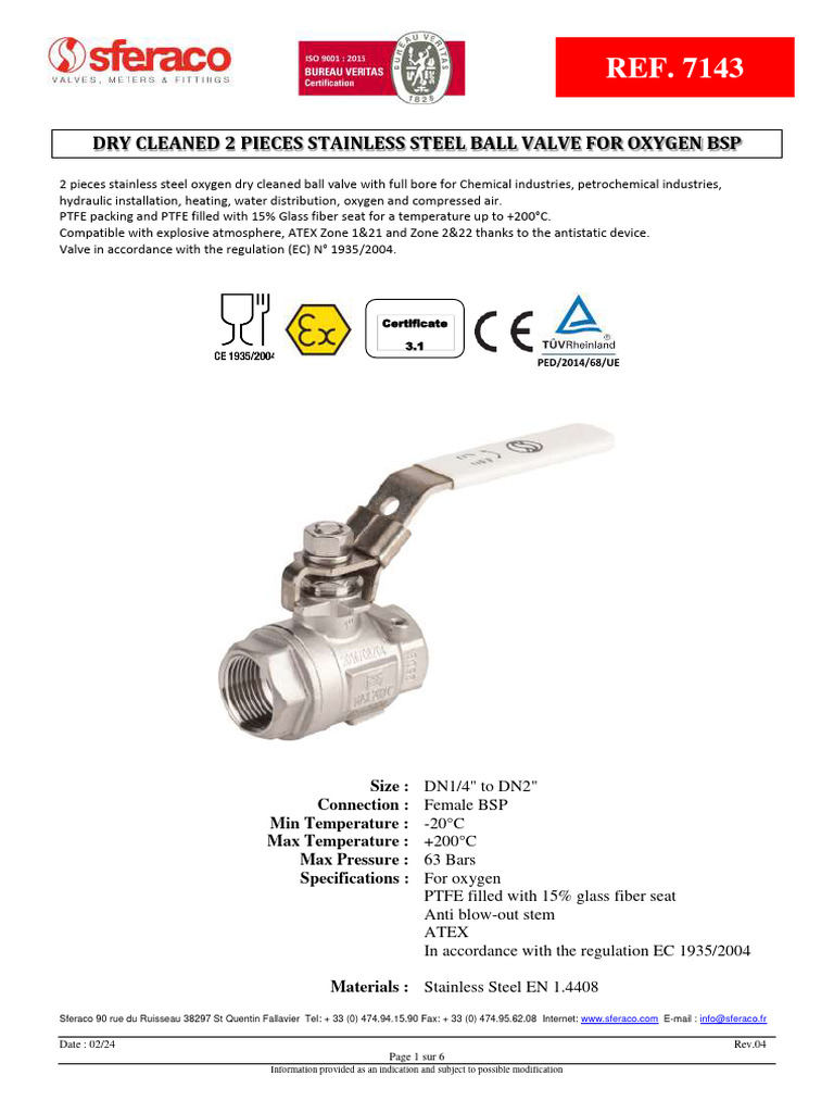 technical_datasheet_2_pieces_ball_valve_stainless_steel_dry_cleaned_oxygen_bsp | PDF | Valve ...