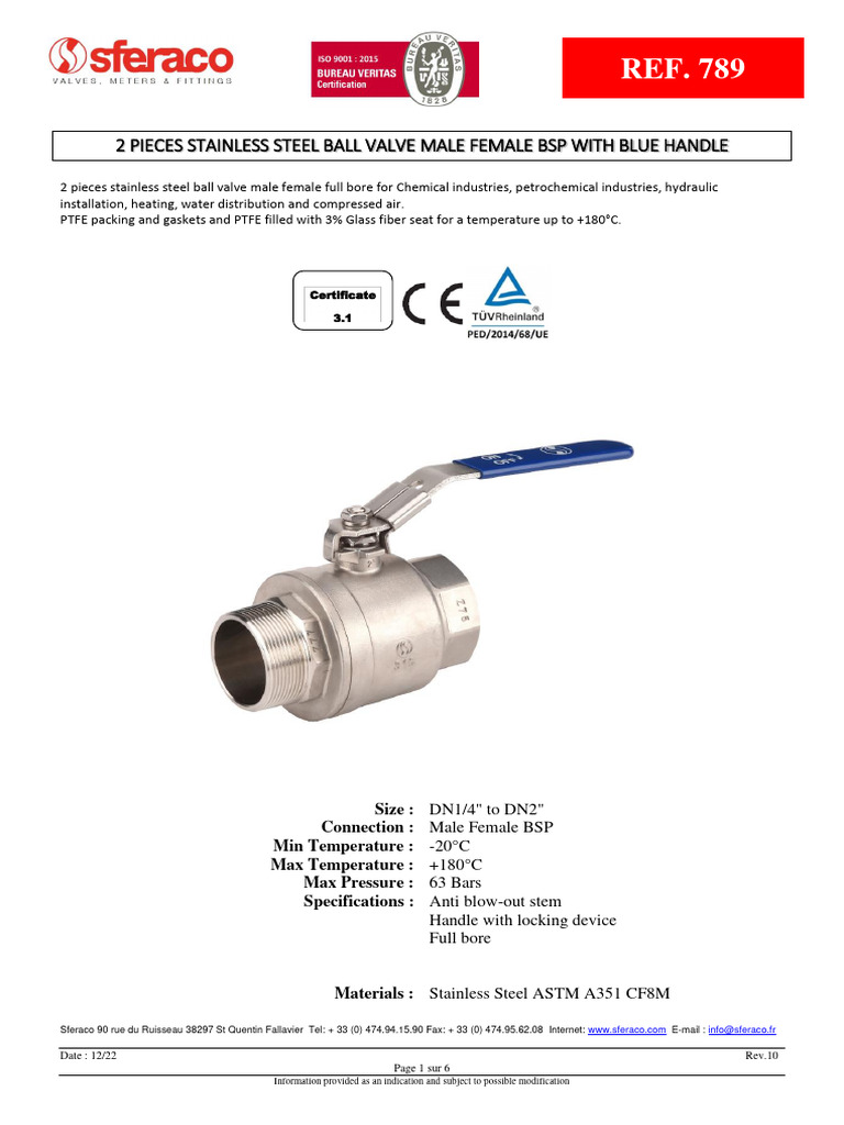 Technical Datasheet 2 Pieces Ball Valve Stainless Steel Male Female BSP ...