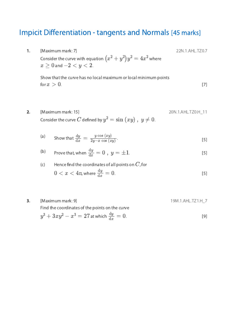 IB_MATH_AA_HL_Impicit Differentiation - tangents and Normals | PDF ...