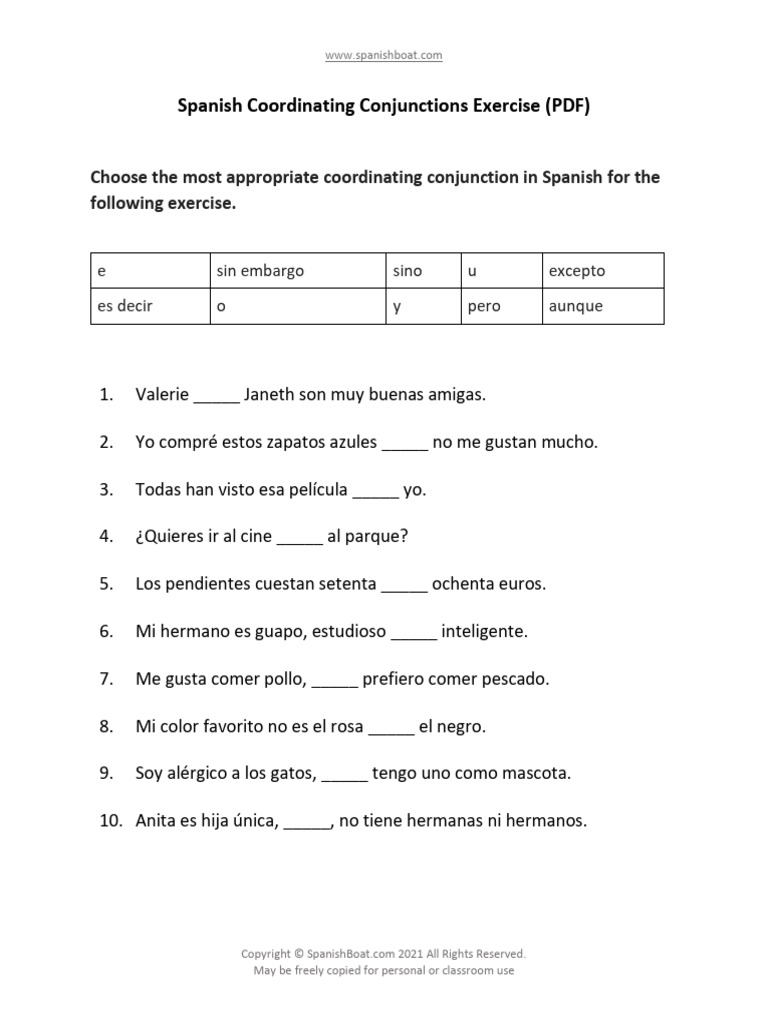 Conjunctions Coordinating Spanish Exercise | PDF