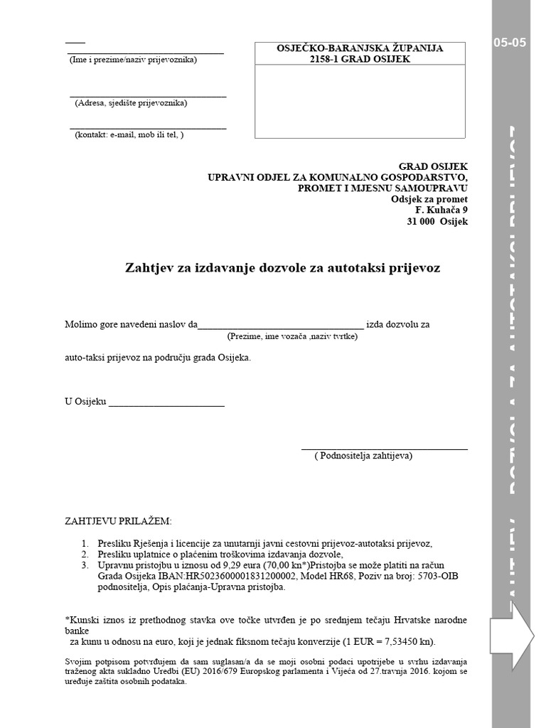 04 ZAHTJEV DOZVOLA ZA AUTOTAKSI PRIJEVOZ Novo | PDF