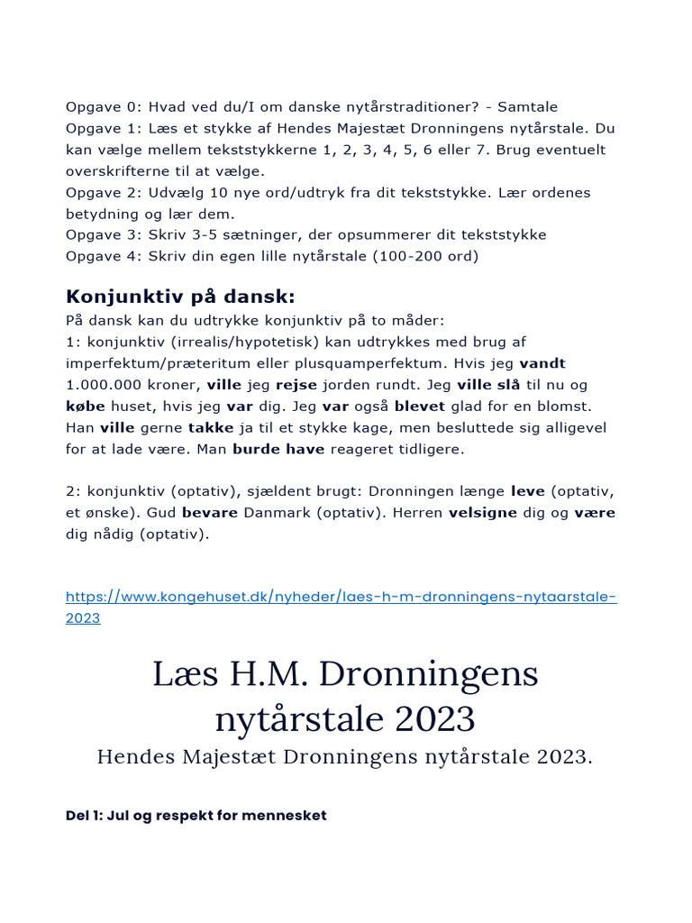 HM Dronningens Nytårstale 2023 - Med Opgaver DU3M3-5 | PDF