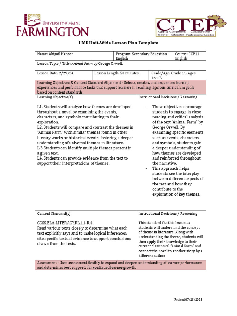 Tws 4 Animal Farm - Hanson | PDF | Lesson Plan | Learning